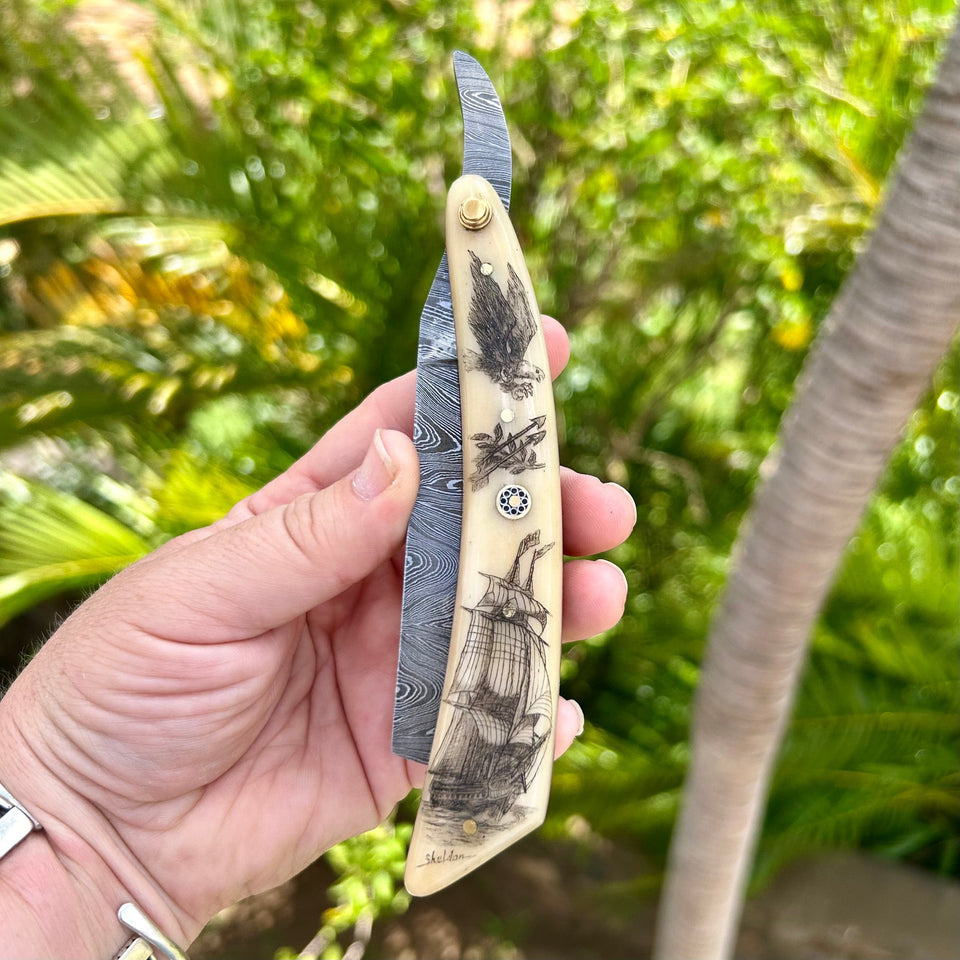 Paul Sheldon Scrimshaw Art on High-Carbon Damascus Straight Razor- Shi